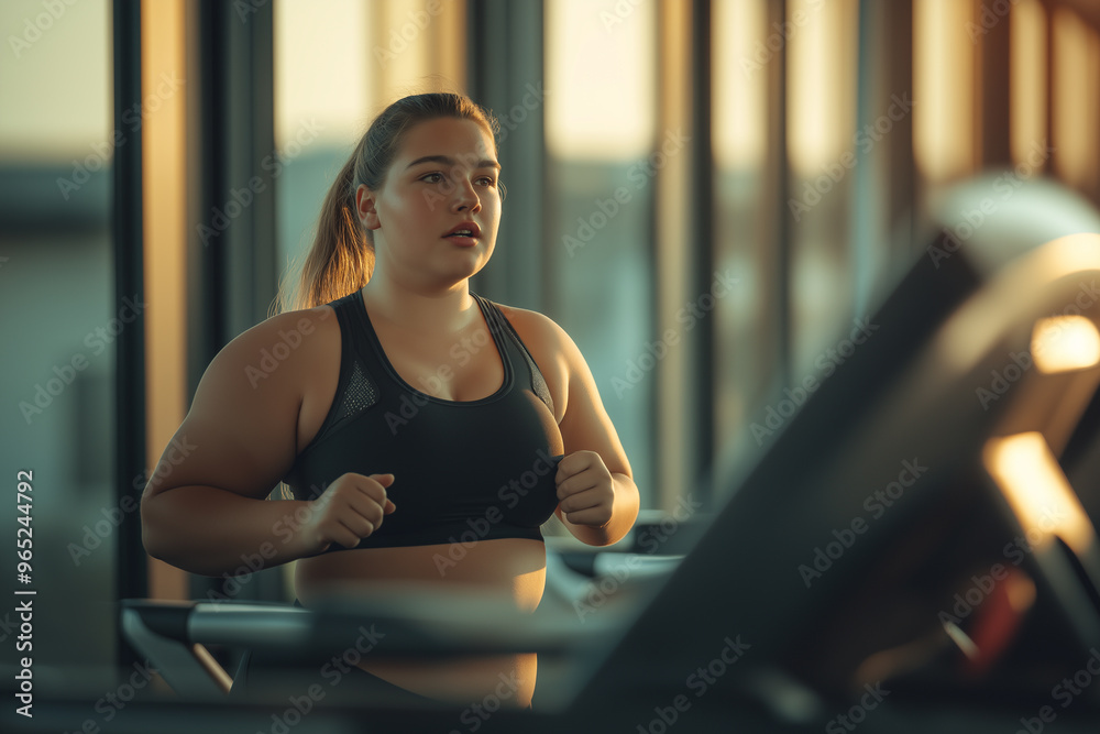 Plus size woman running on the treadmill at the gym. Exercise, healthy ...