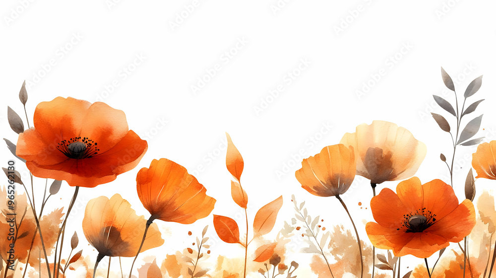 Watercolor Orange Poppies Flowers Floral Border Background Design Stock ...