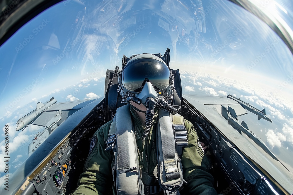 pilot is in the cockpit of a fighter jet, wearing a gas mask and ...