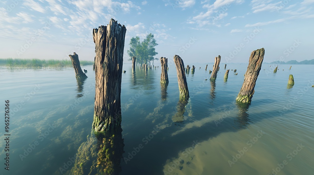 Submerged tree trunks in an expanded river delta, capturing the effects ...