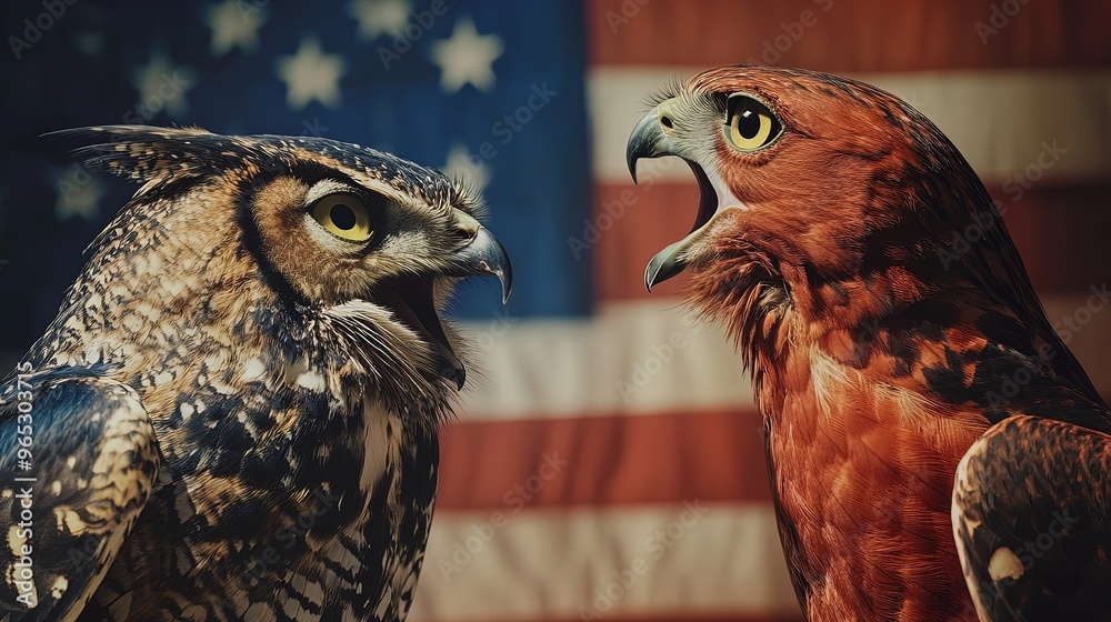 Confrontation of Colors: An Aggressive Red Falcon vs. a Wise Blue Owl ...