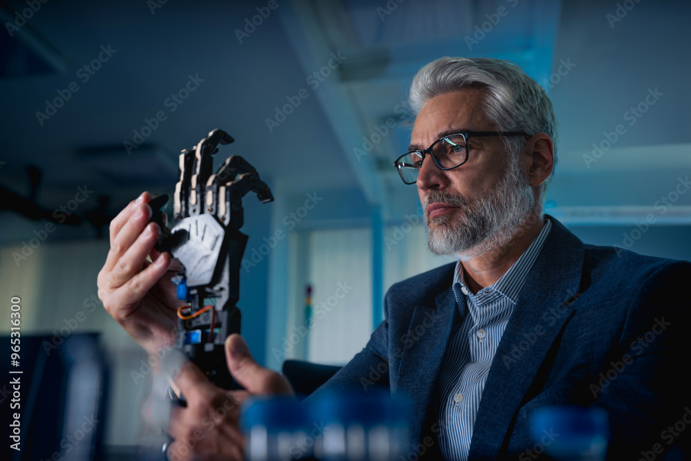 Robotics engineer adjusting, calibring robotic prosthetic hand. Concept ...