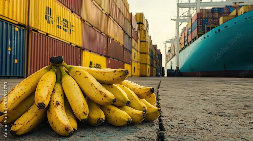 Bananas lying next to shipping containers near a cargo ship, poised for ...