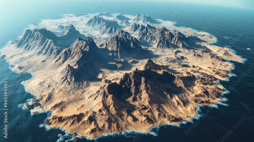 Photorealistic map of a floating arid island with rugged mountains ...