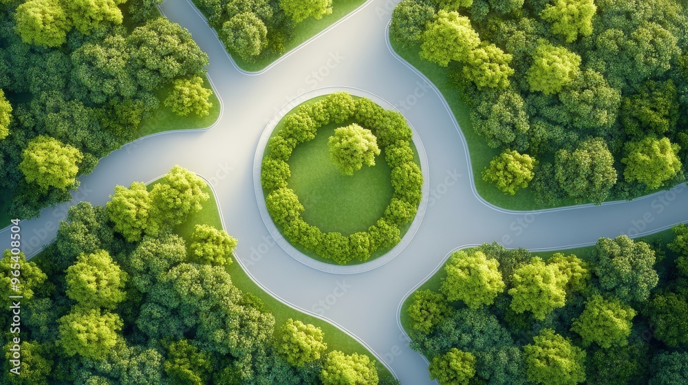 An aerial view of a complex highway interchange with multiple entry and ...