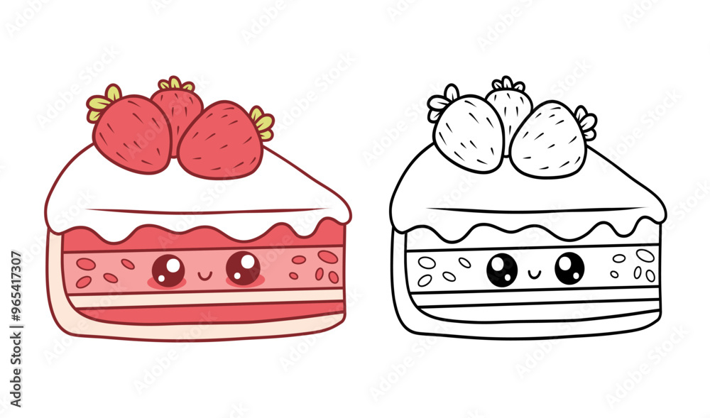 Cute piece of birthday cake set. Isolated colored and outline stroke ...
