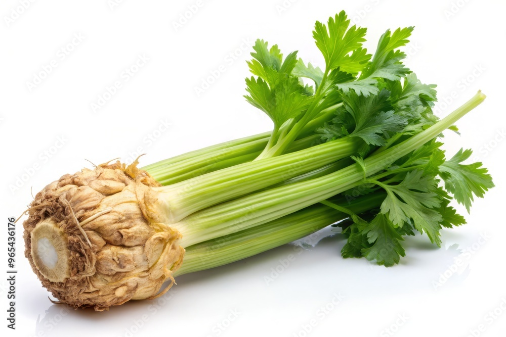 Celery rib on a white background, its crisp texture and delicate leaves ...