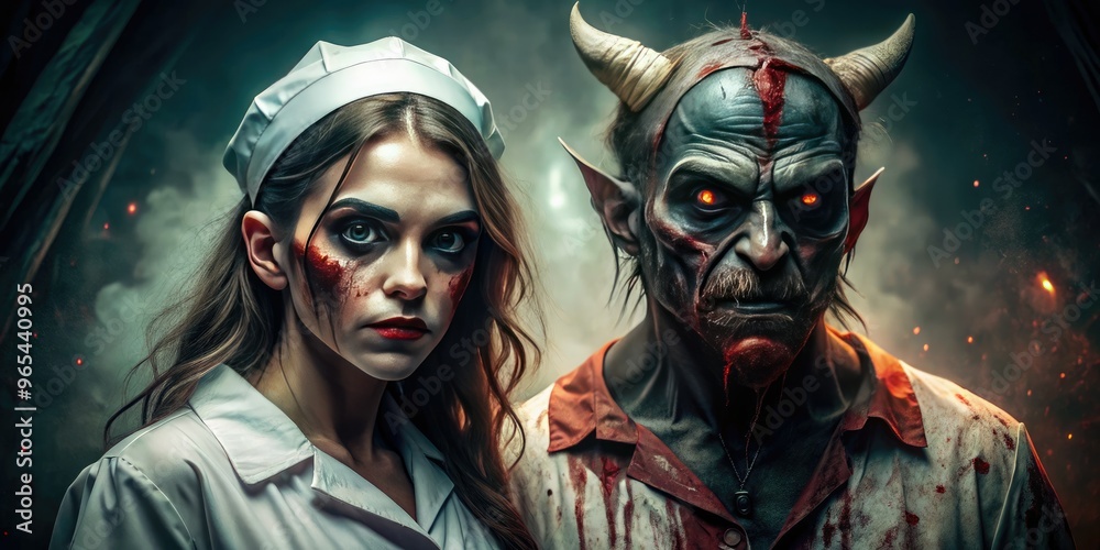Spooky duo dressed in creepy attire, including a blood-stained nurse ...