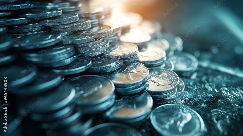 A detailed close up photograph of silver coins stacked together ...