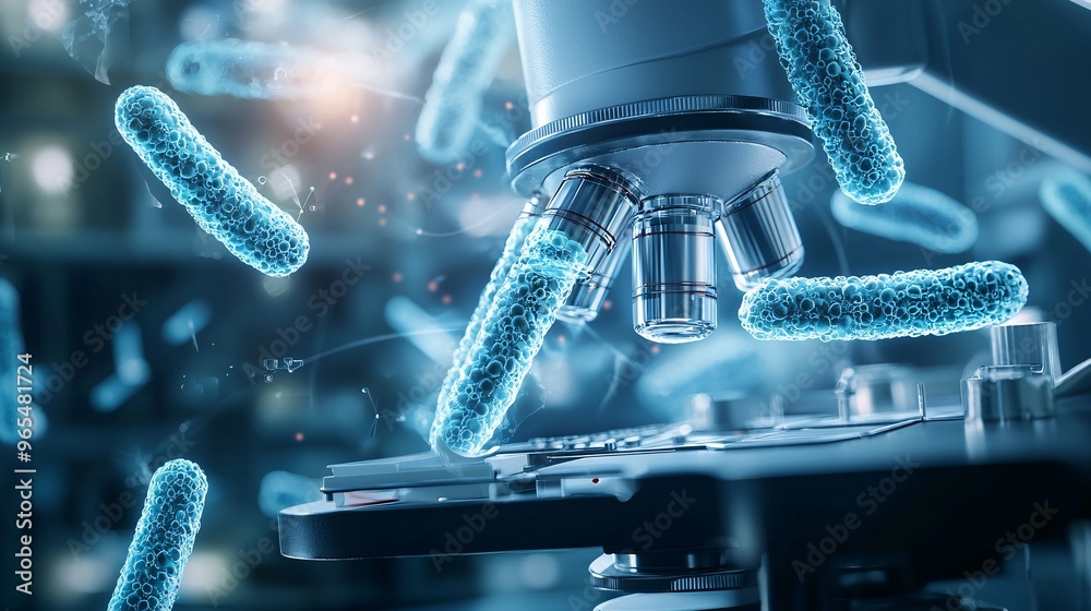 Microscope image of genetically engineered bacteria, displayed on a ...