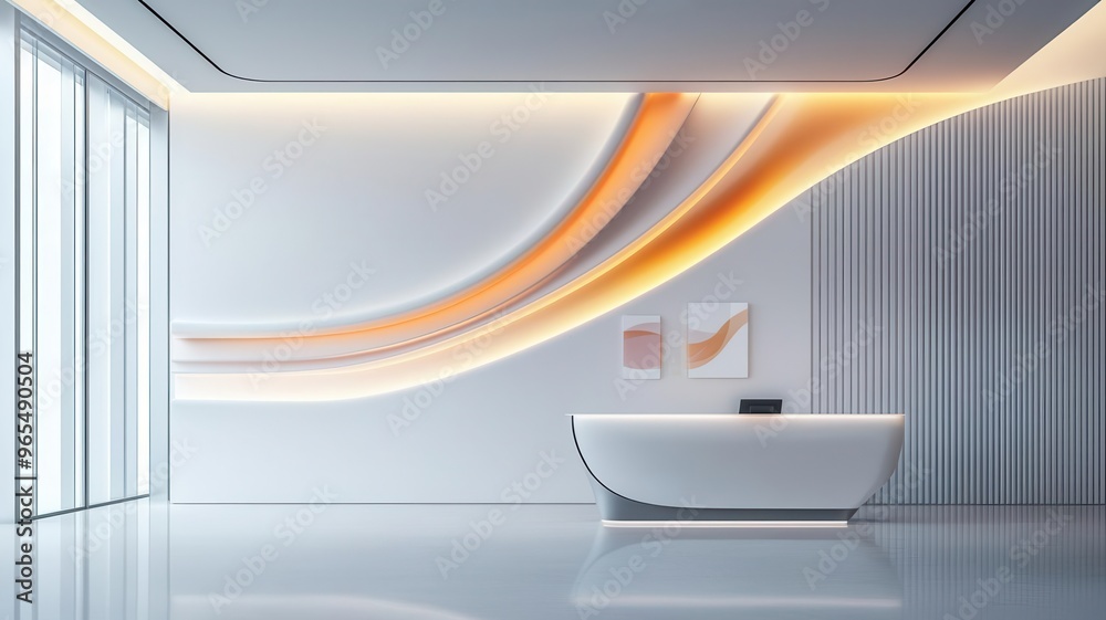 Sleek and futuristic office lobby with a reception desk, abstract art ...