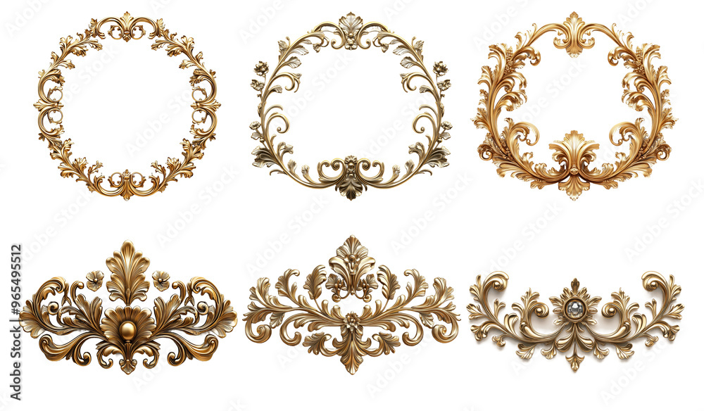 Golden ornate frames with intricate patterns isolated on transparent ...