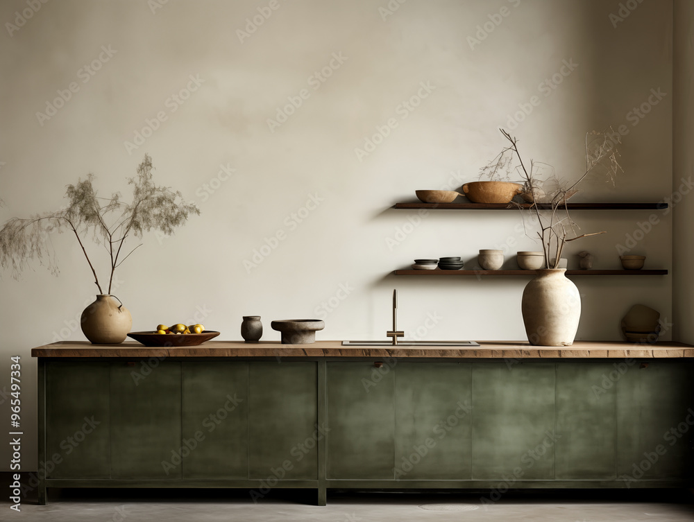 Wabi sabi and japandi japanese style rustic interior in forest green ...