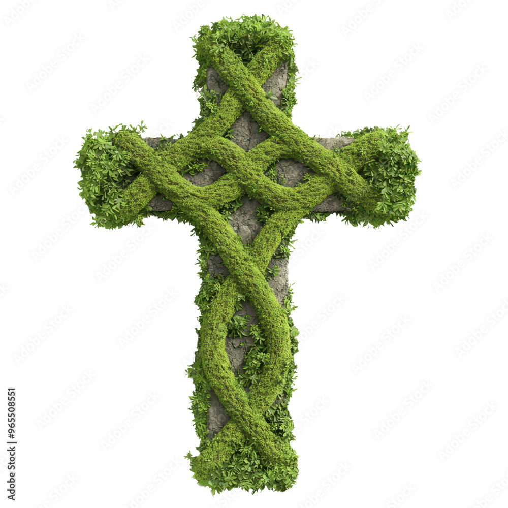 Green moss-covered cross with natural vine texture clipart on ...