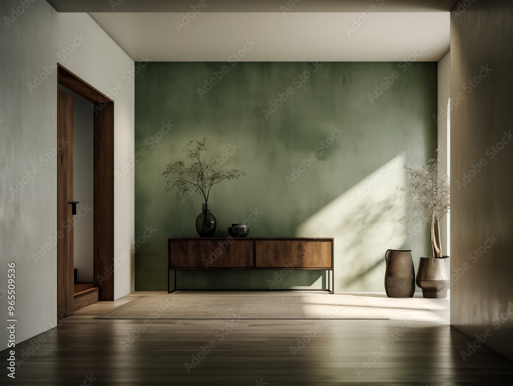 Wabi sabi and japandi japanese style rustic interior in forest green ...