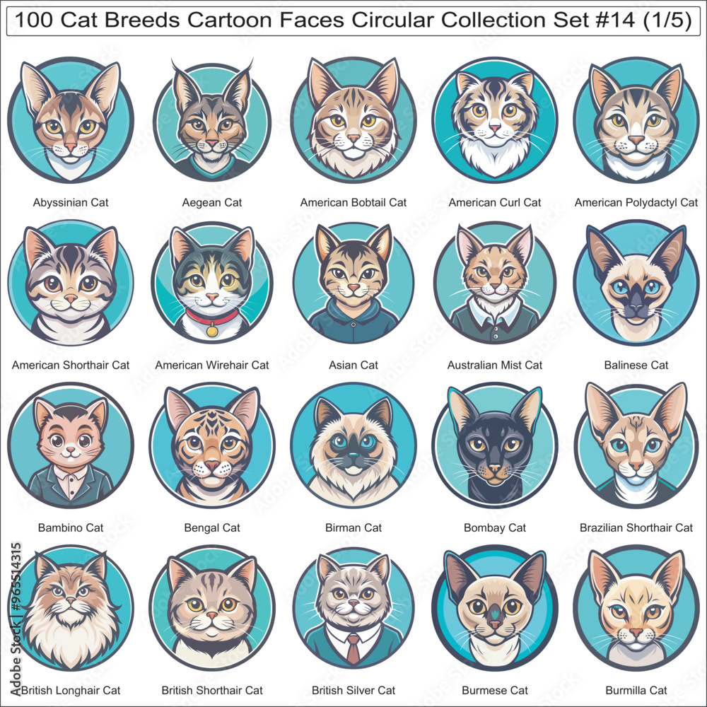 Cat Breeds Cartoon Faces Circular Collection Set of 100 Cat Faces ...