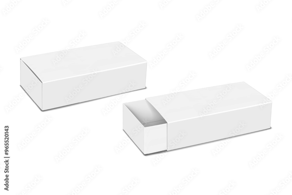 White blank paper slider box. 3d vector mock-up. Cardboard tray and ...