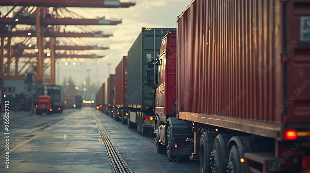 Cargo trucks lined up at a busy shipping terminal, showcasing logistics ...
