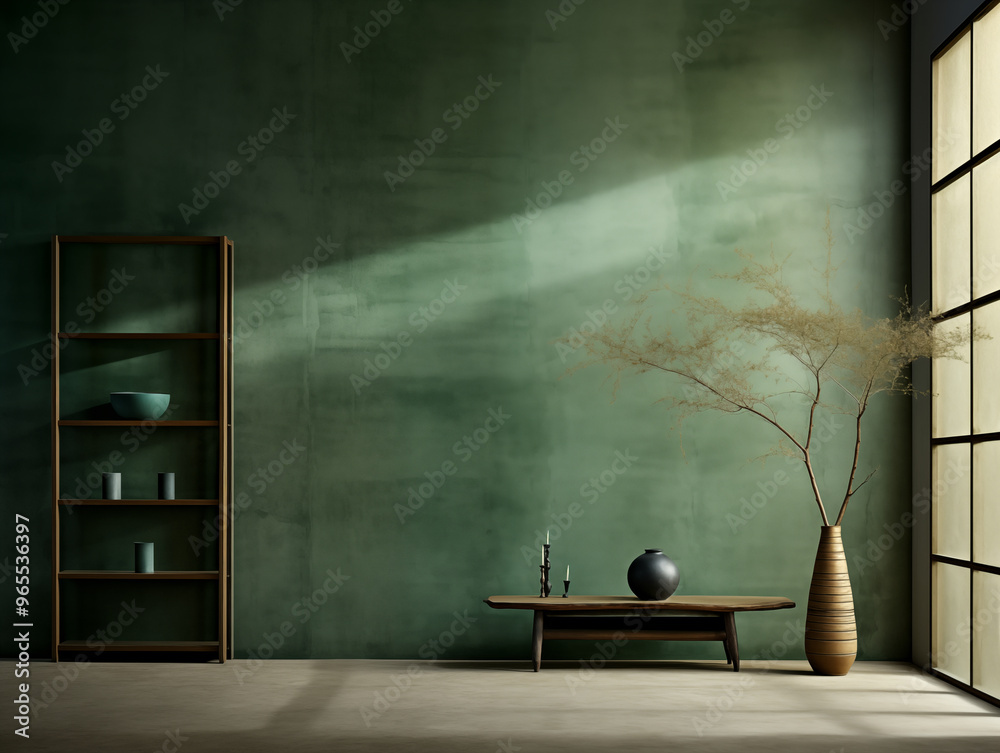 Wabi sabi and japandi japanese style rustic interior in forest green ...