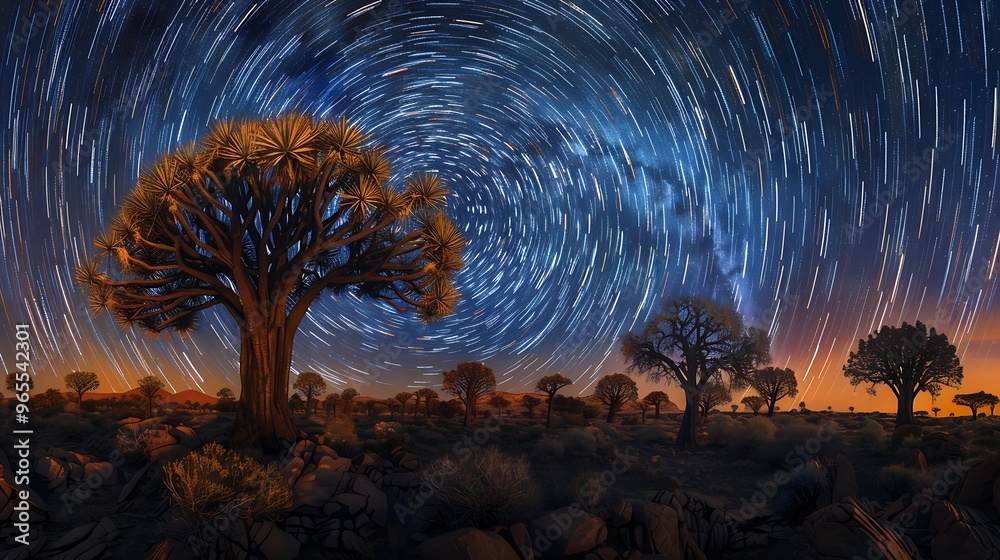 A surreal scene of a quiver tree forest under a starry night sky in ...