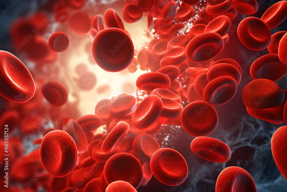 Red blood cells stream. Healthy human platelets, red blood cells under ...