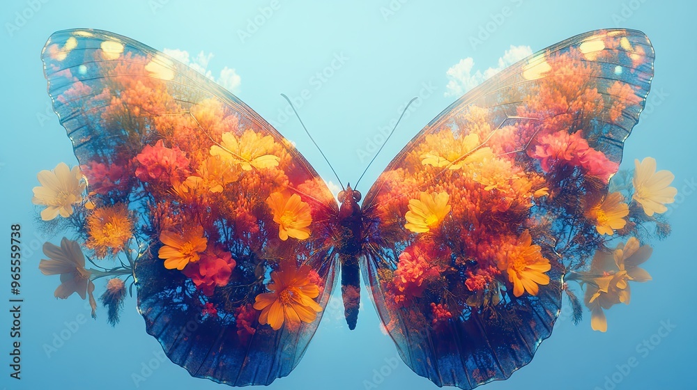 24. Photorealistic double exposure featuring butterfly wings and a ...