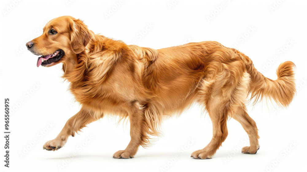 Golden Retriever dog walking side view isolated on white background ...