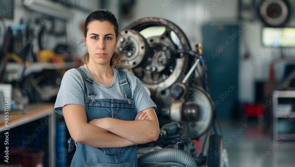 Confident professional female mechanic in overalls stands with her arms ...