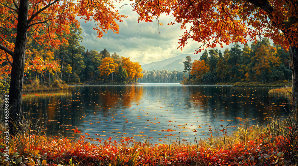 ภาพถ่าย Stock Scenic Autumn Landscape with Colorful Trees Reflecting on ...