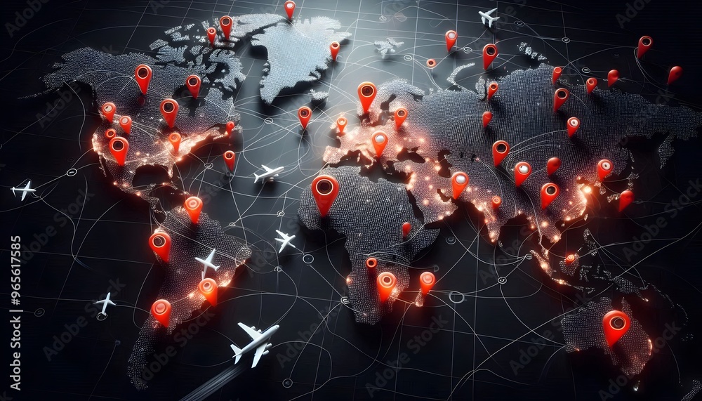 World Map Illustration with Pins and Connection Paths - Detailed Map ...