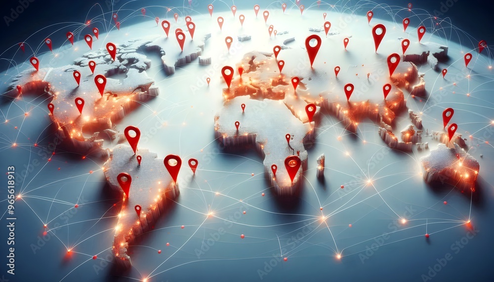 World Map Illustration with Pins and Connection Paths - Detailed Map ...