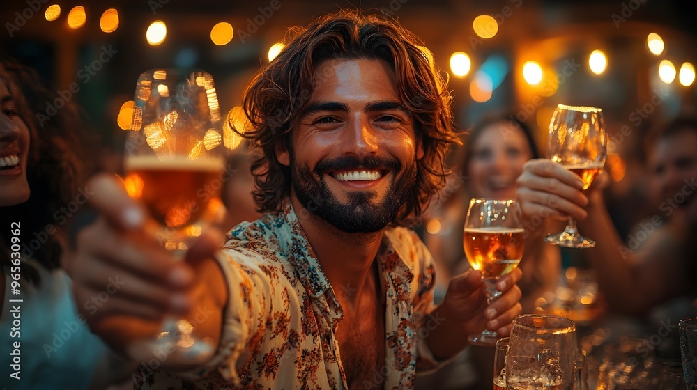 cheerful man and his friends raising glasses in a toast at a lively bar ...