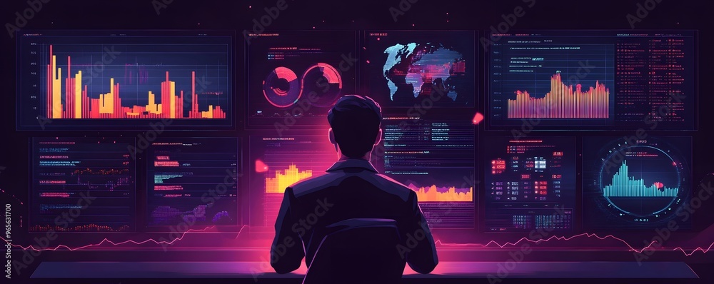 Data analyst working with futuristic digital dashboard displaying global statistics, charts, and ...