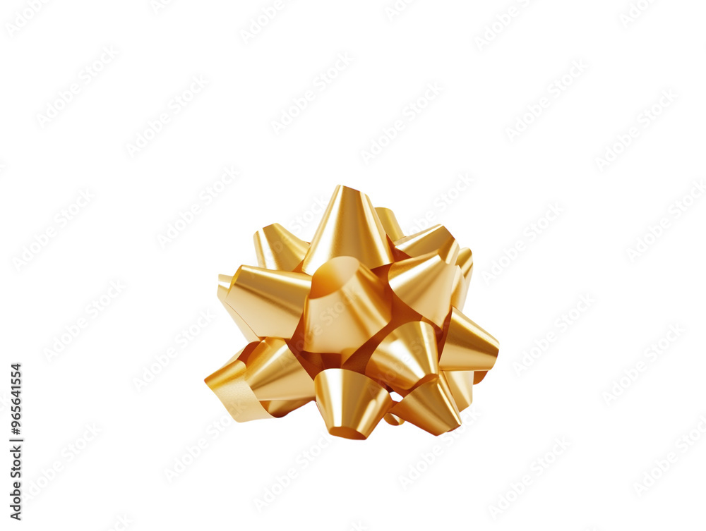 Shiny golden gift bow with textured ribbon loops on a white background ...