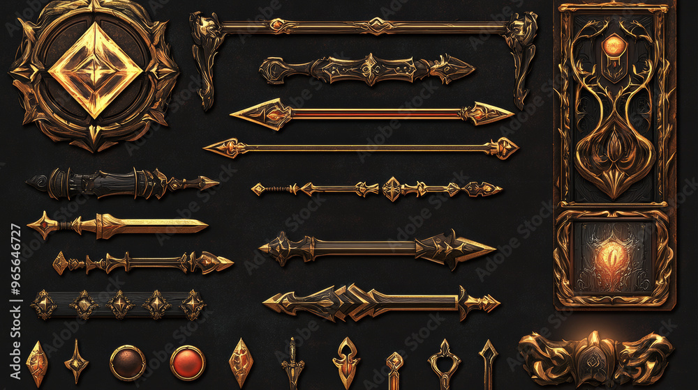 A collection of game buttons, banners, progress bars, arrows, and ...