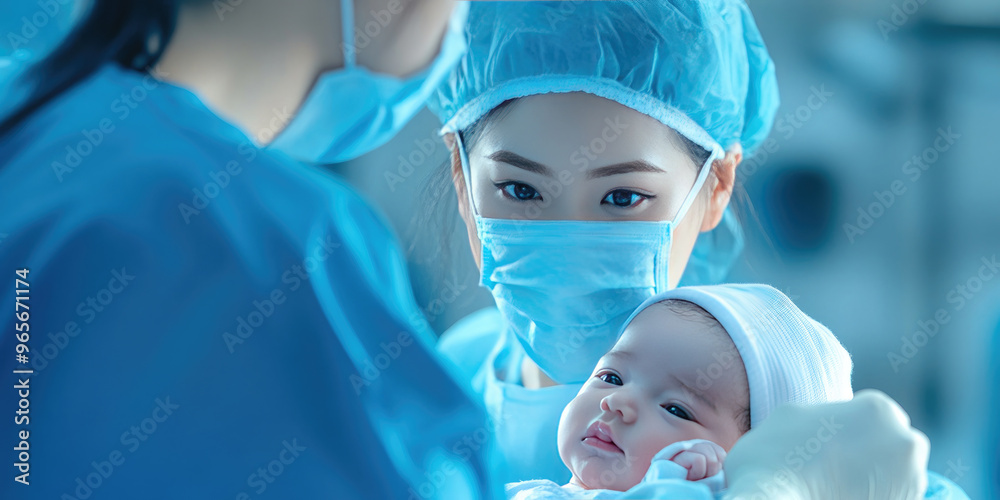 Surgeon is holding a newborn baby wearing a surgical mask. With a ...