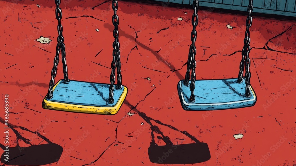 2D cartoon style blue and yellow swings with black chains set against a ...