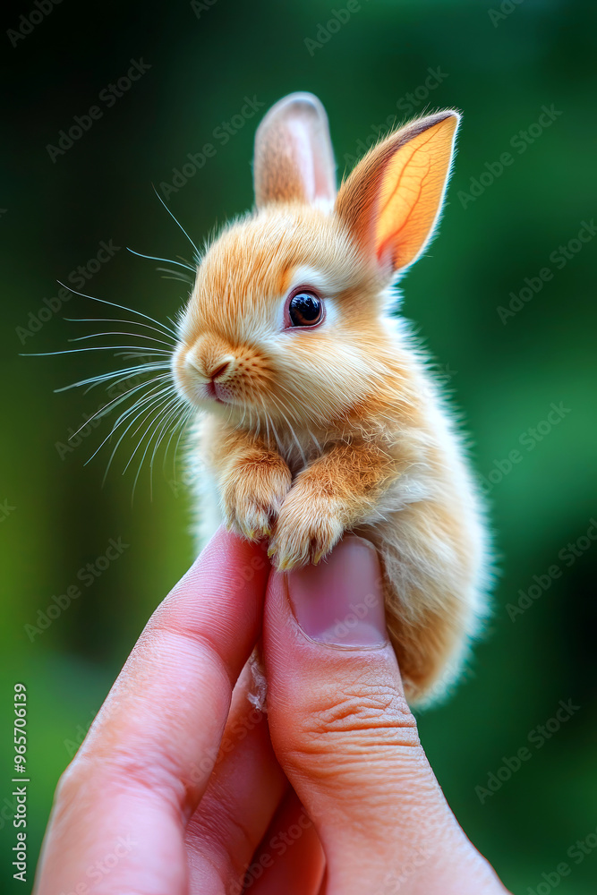 Mini micro cute baby rabbit sitting on the tip of someones fingers ...