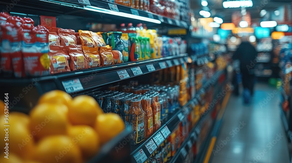 Customer walking down aisle in grocery store looking at shelves full of ...