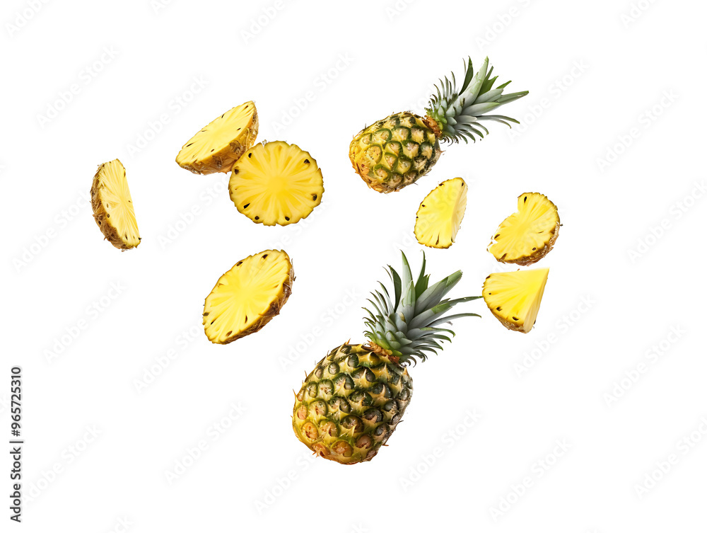Falling Pineapple slices isolated on Transparent background, full depth ...