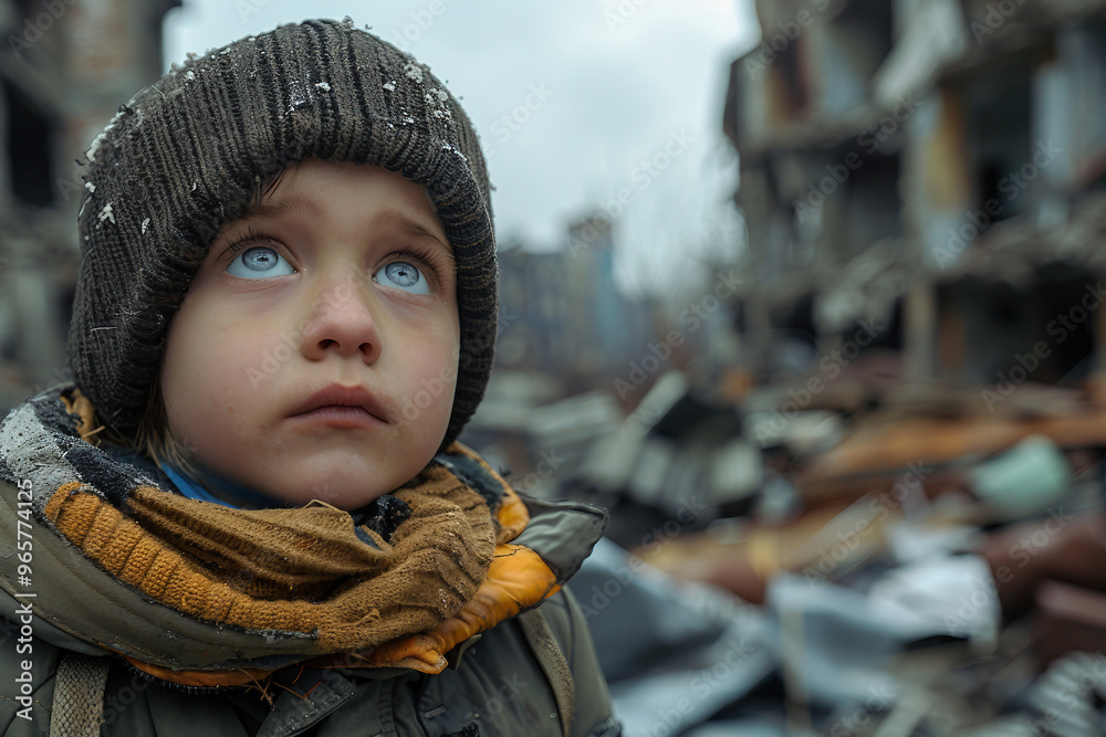 Sad crying victim child person in ruined building destruction war conflict civil crime war zone ...