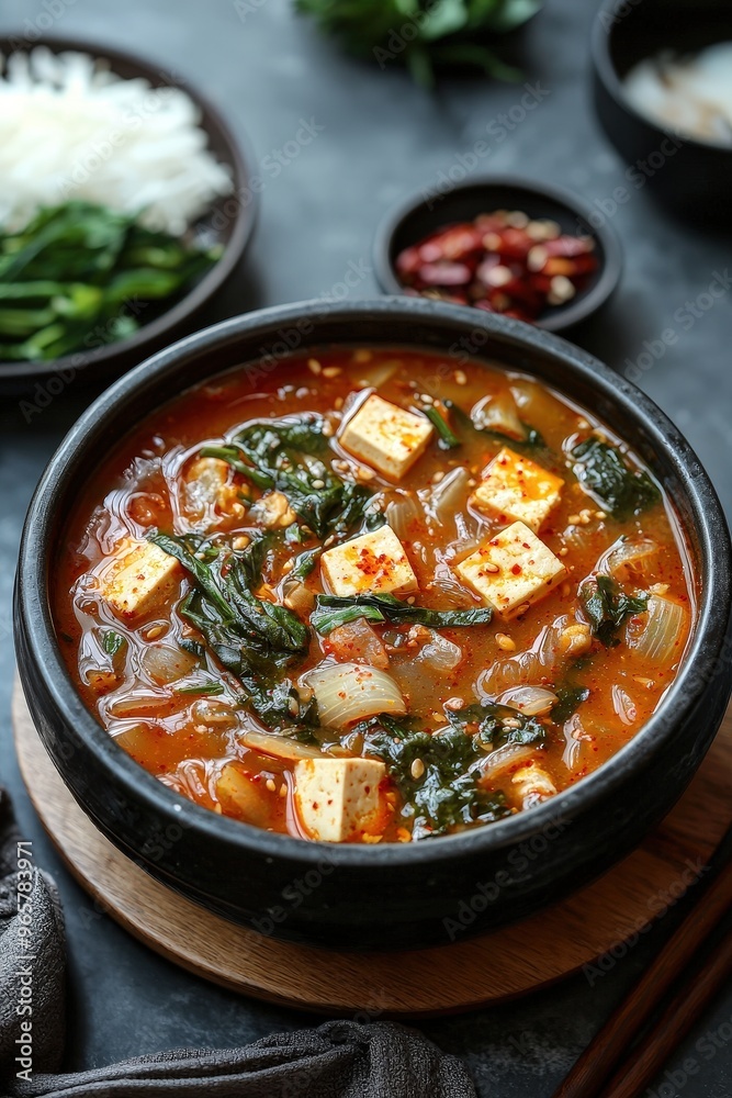 Doenjang Jjigae: A traditional soybean paste stew with tofu, vegetables ...