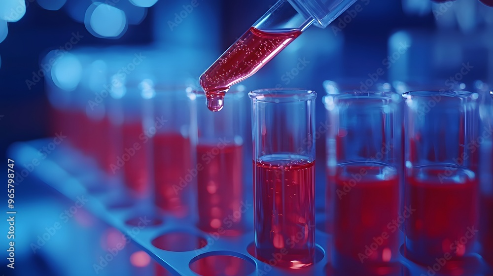 Laboratory test tubes with pale red liquid, pipette adding sample ...