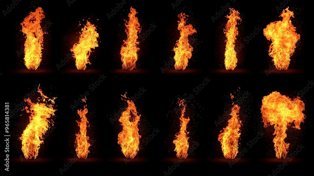 Dynamic fire flames on a black background, showcasing vibrant hues and ...