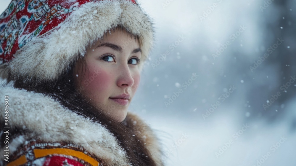 Beautiful Eskimo or Inuit girl in traditional clothes national costume ...