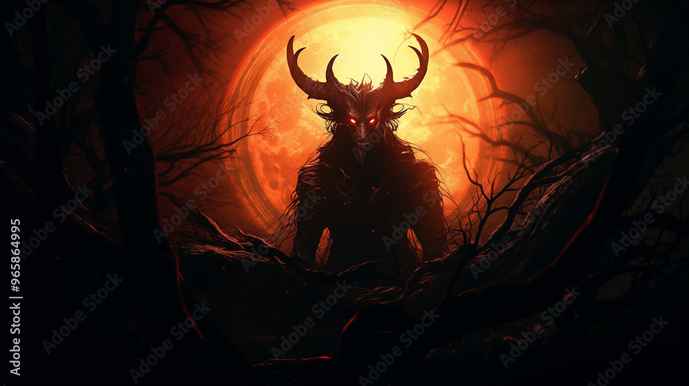 Sinister demonic figure with glowing eyes and horns surrounded by dark ...