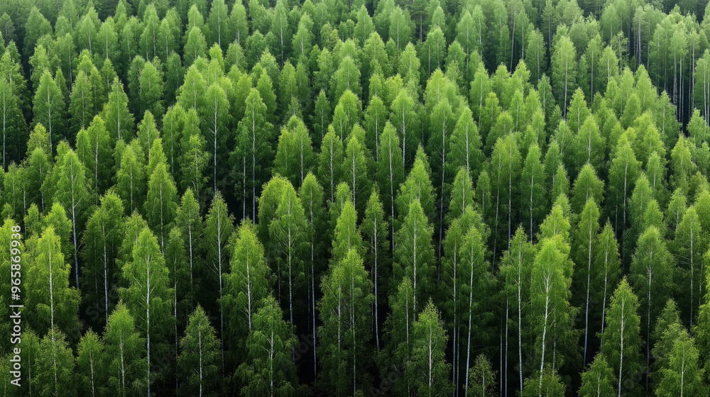 Aerial view of dense forest with tall, green trees. Trees are uniformly ...