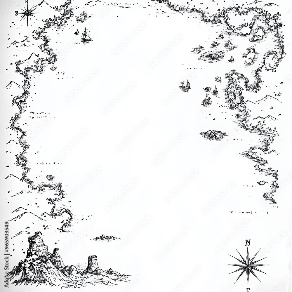 map vintage nautical compass ocean illustration black and white ...