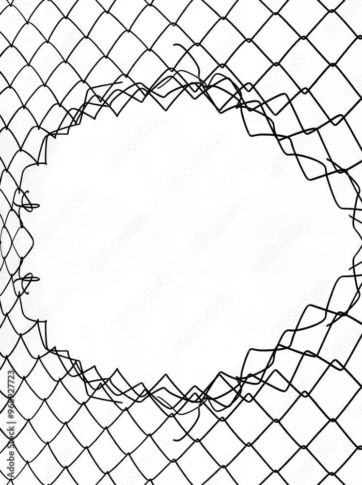 Opening in metallic fence isolated on white background. Challenge ...