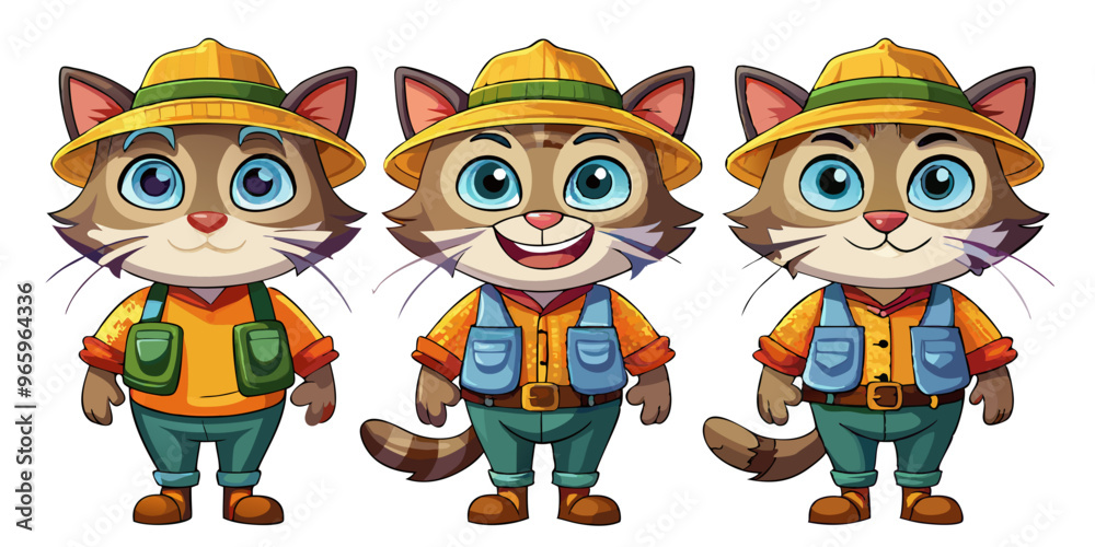 set of cartoon cat character, dressed as an explorer of ancient ruins ...
